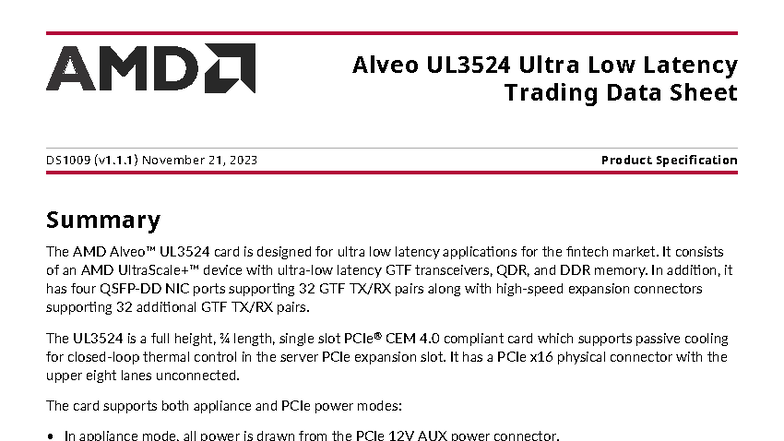 Alveo UL3524 Ultra Low Latency Trading Data Sheet DS1009 (v1.1.1) - Studocu