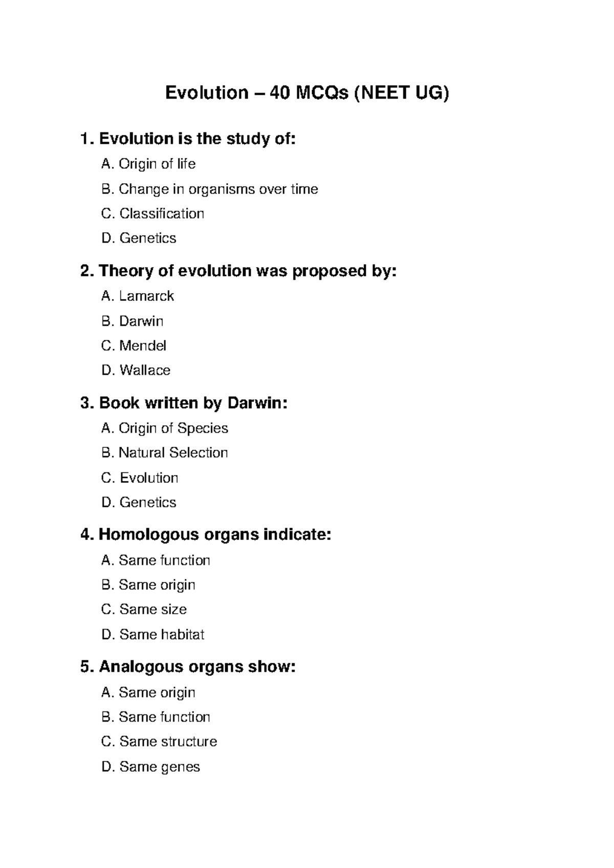 Evolution MCQs – 40 Questions for NEET UG Biology Exam - Studocu