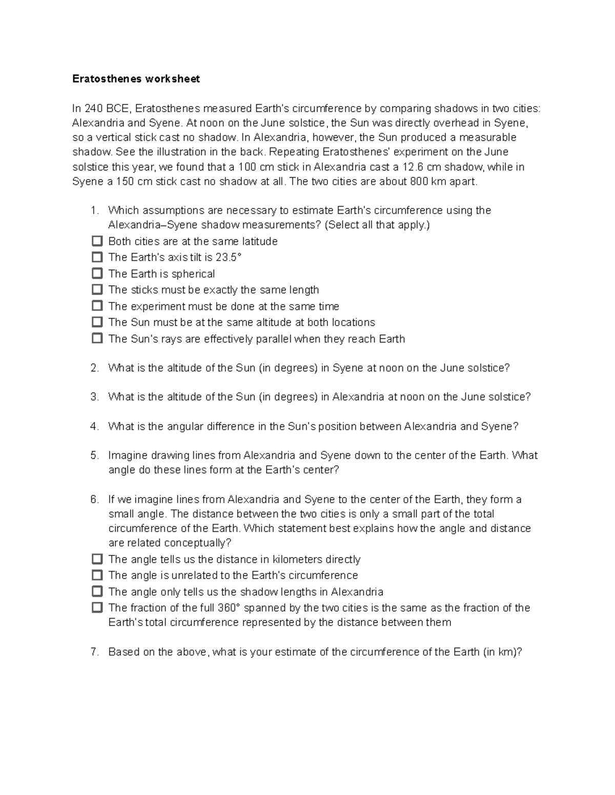Eratosthenes Experiment: Calculating Earth's Circumference Worksheet ...