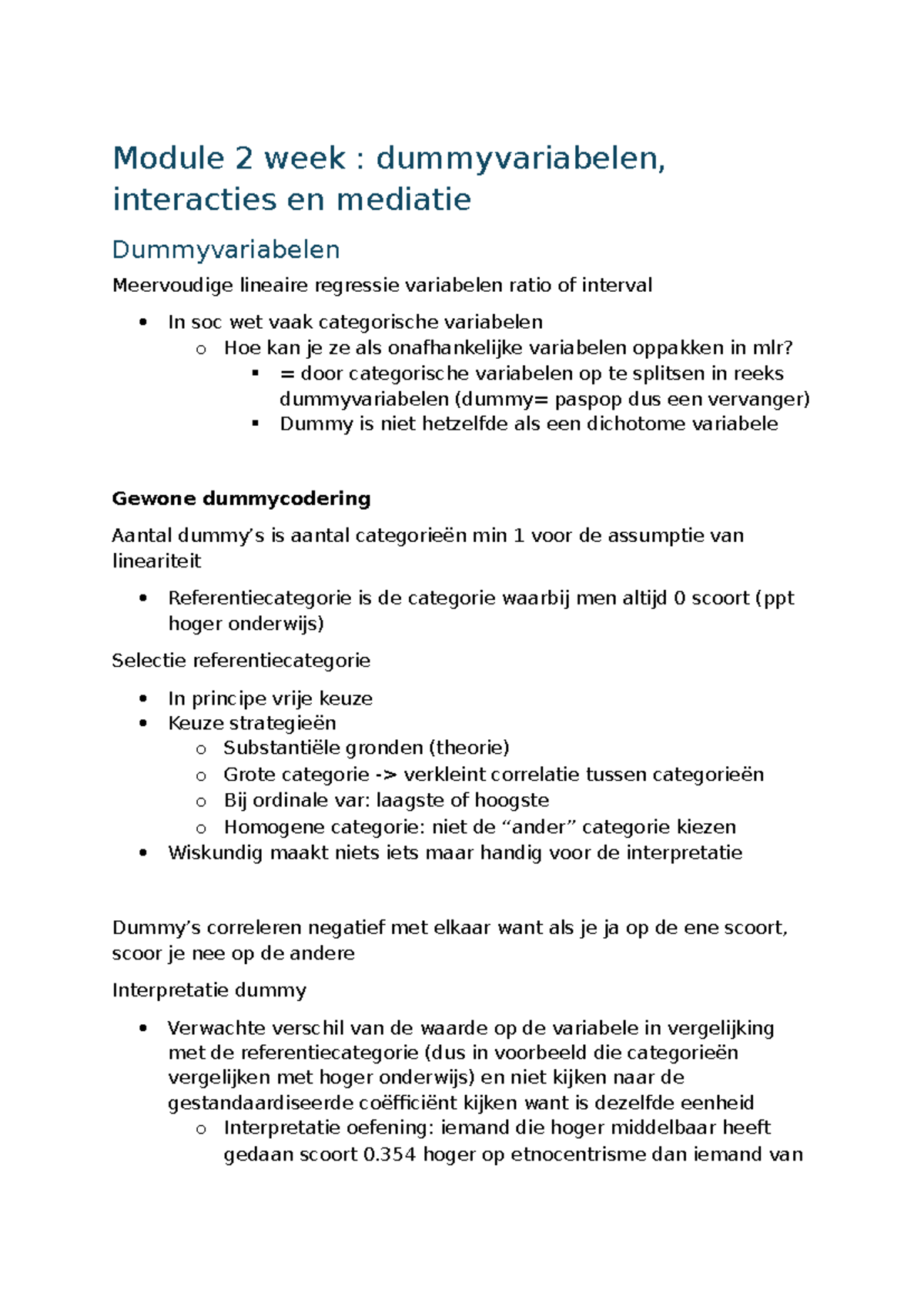 Module 2 Week 1: Dummyvariabelen, Interacties en Mediatie - Studocu