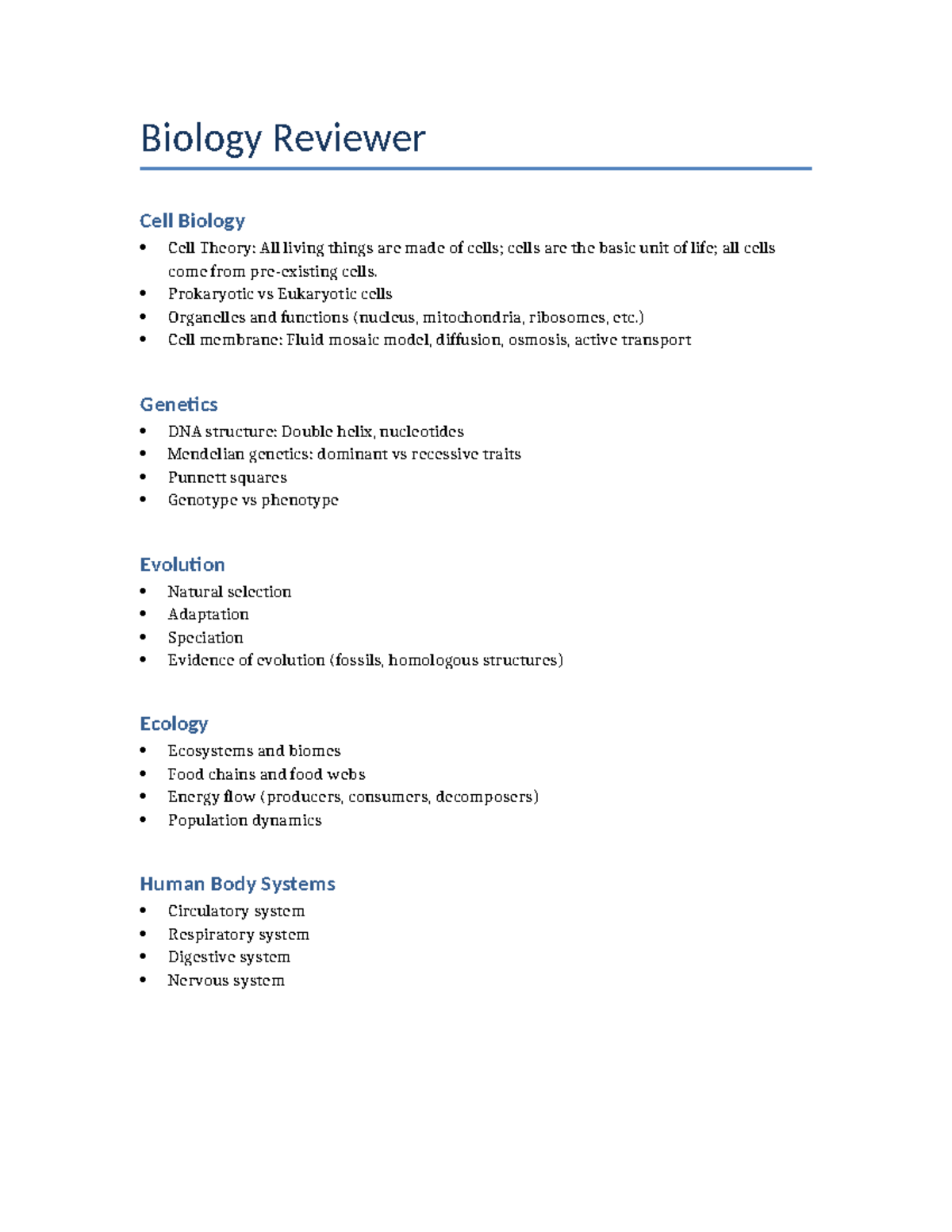 Biology Reviewer - bio - Biology Reviewer Cell Biology Cell Theory: All ...