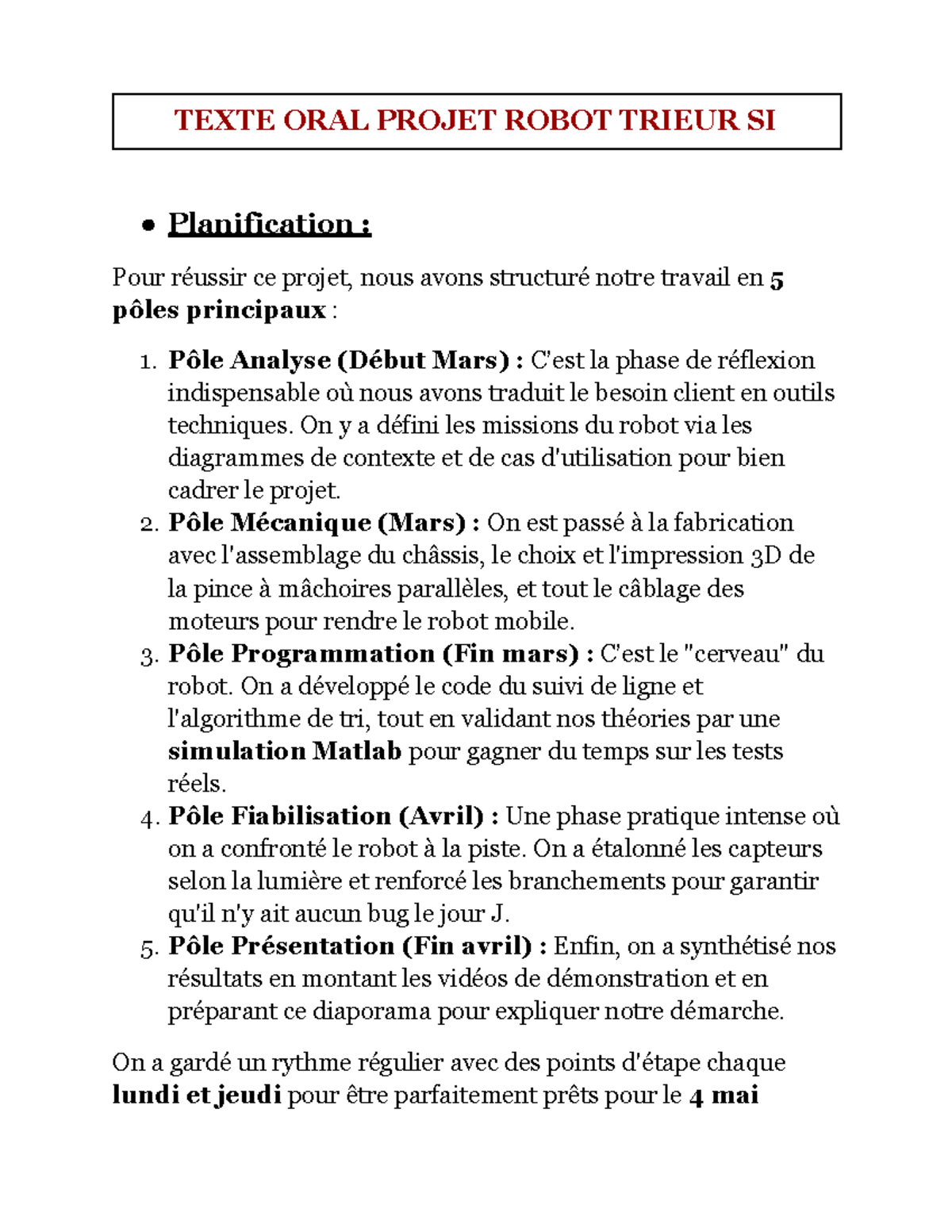 TEXTE ORAL PROJET ROBOT TRIEUR SI - Planification et Réalisation - Studocu