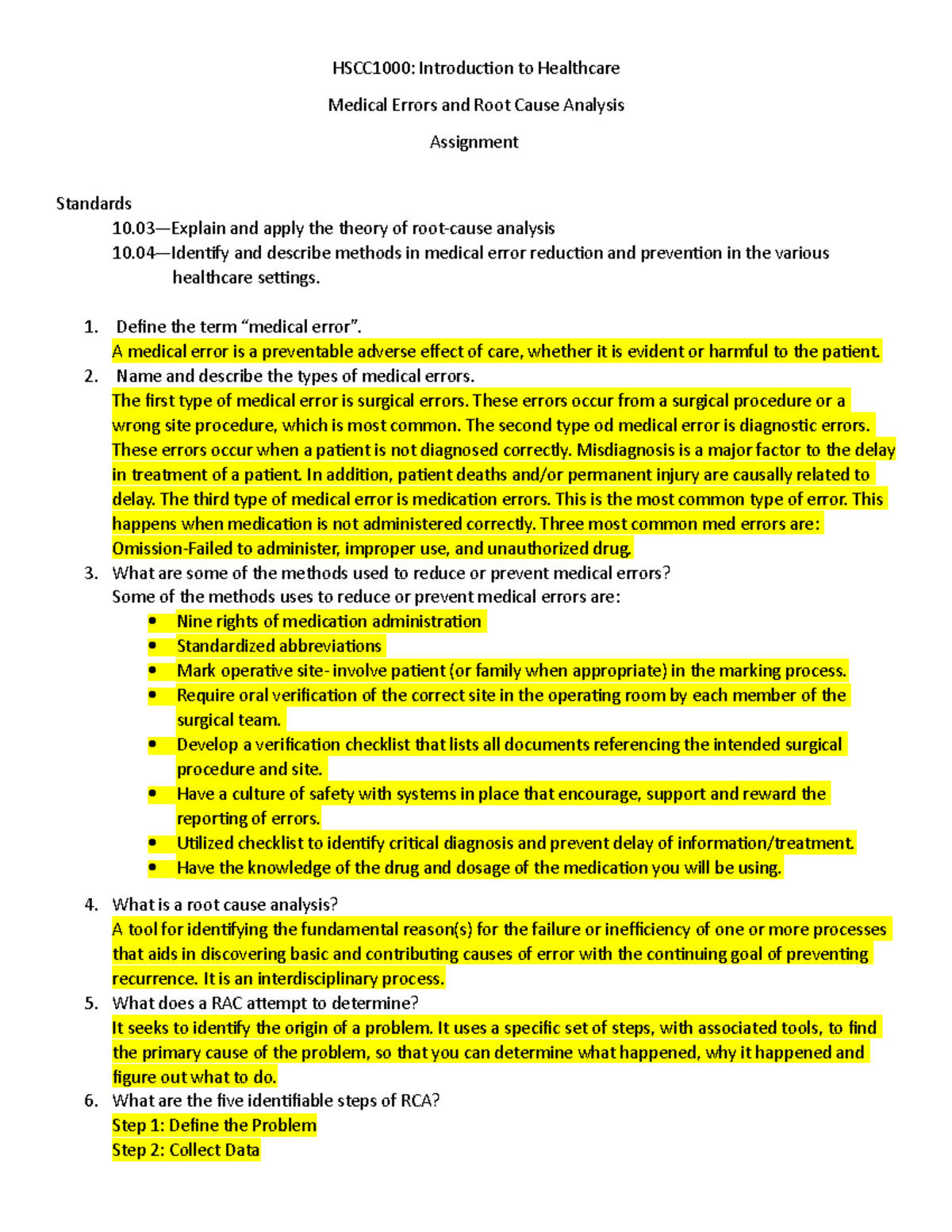 HSCC1000: Medical Errors & Root Cause Analysis Assignment - Studocu