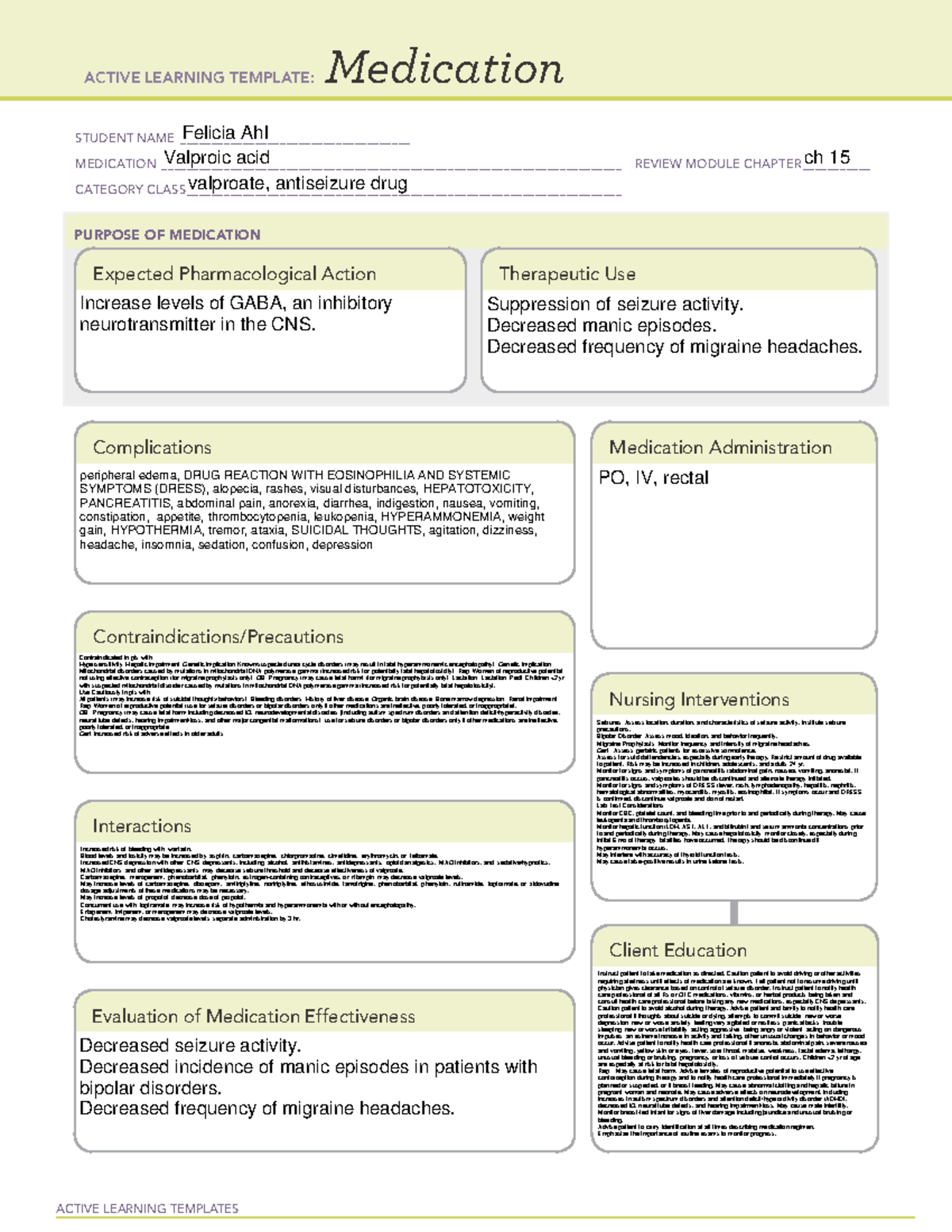 Valproic Acid (Ch 15): Drug Card Overview for Nursing Students - Studocu