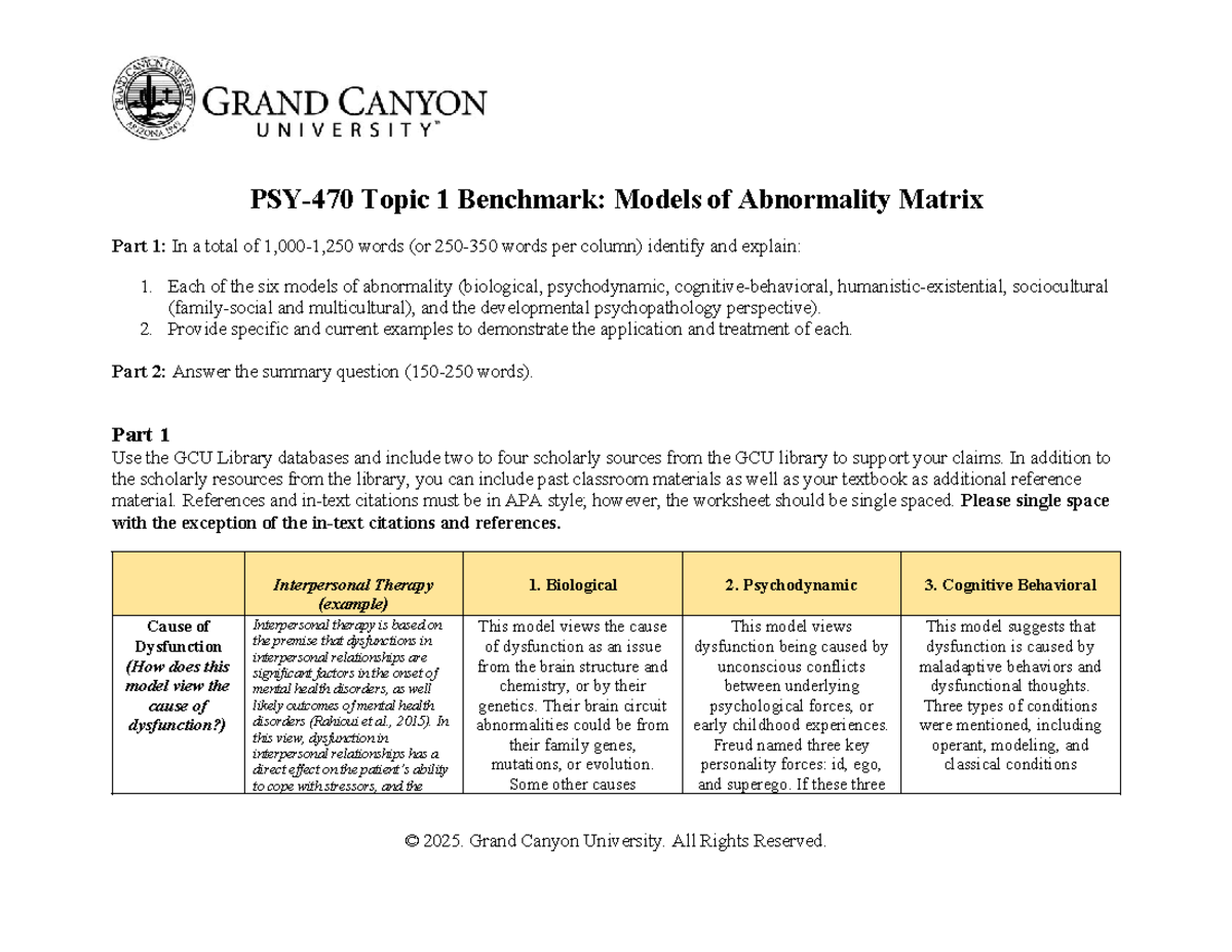 PSY 470 RS T1 Models of Abnormality Matrix: Analysis & Examples - Studocu