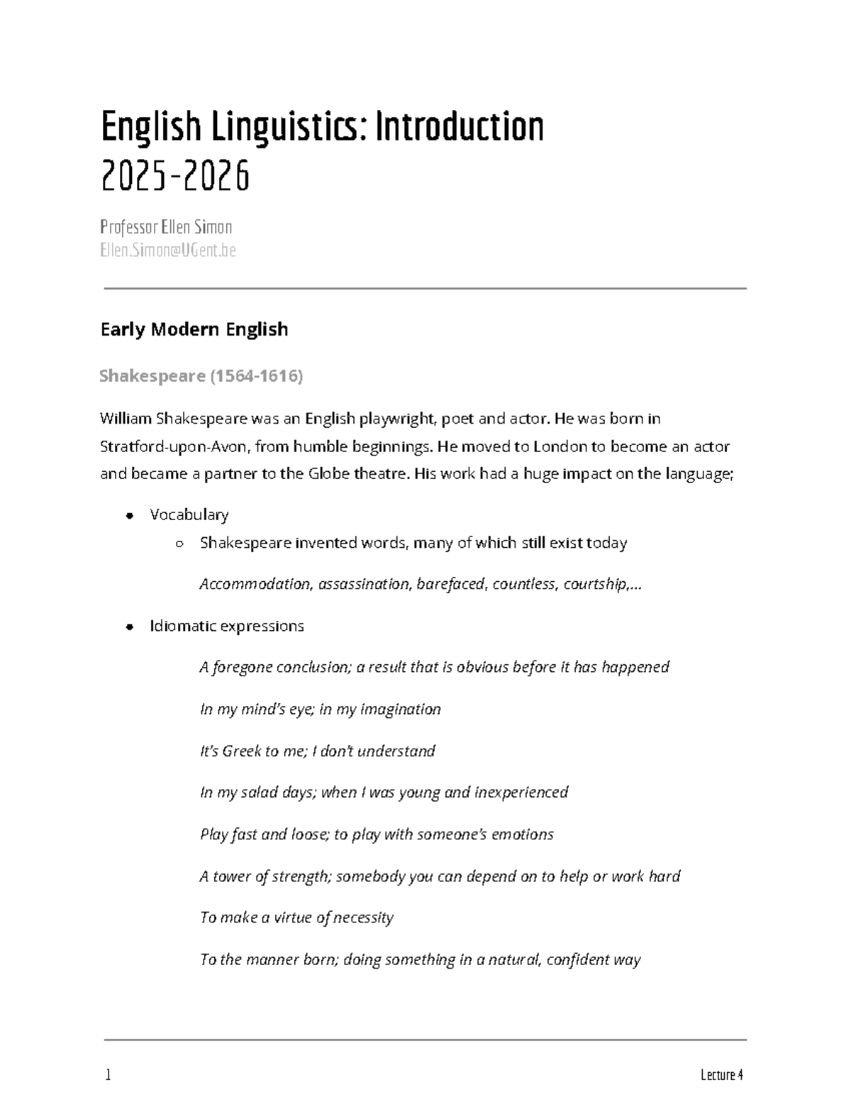 English Linguistics: Lecture 4 - Early Modern English & Shakespeare ...
