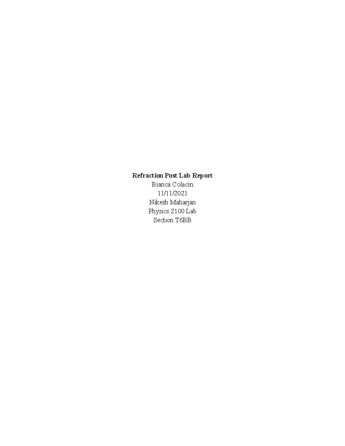 Refraction Post Lab Report - Refraction Post Lab Report Bianca Colacin ...