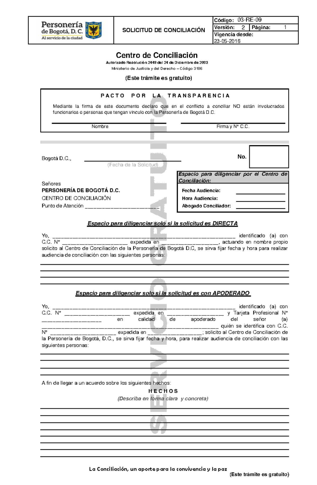 Solicitud de Conciliación Personería de Bogotá - Formato 03-RE-1 - Studocu