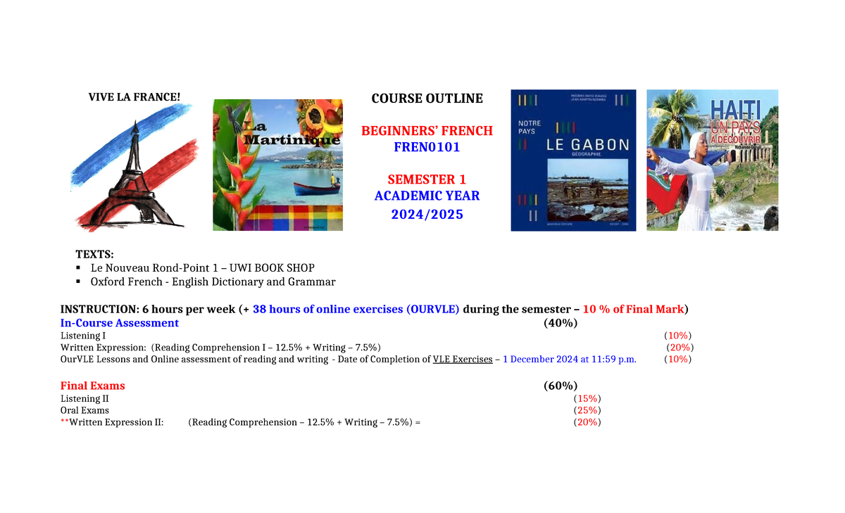 FREN0101 Beginners' French Course Outline - Semester 1 2024-2025 - Studocu