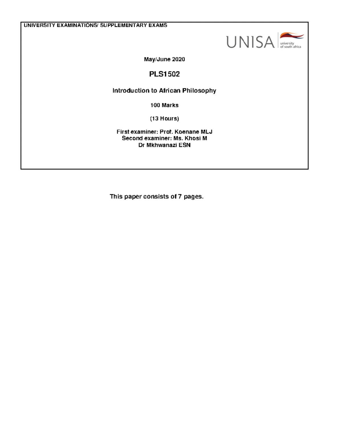 PLS1502 2025 Examination Paper: Introduction to African Philosophy ...