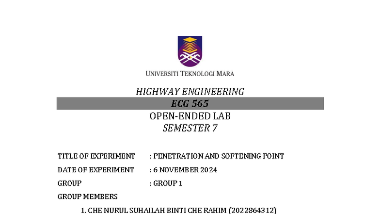 Highway Engineering ECG 565 Lab: Penetration & Softening Point Tests ...
