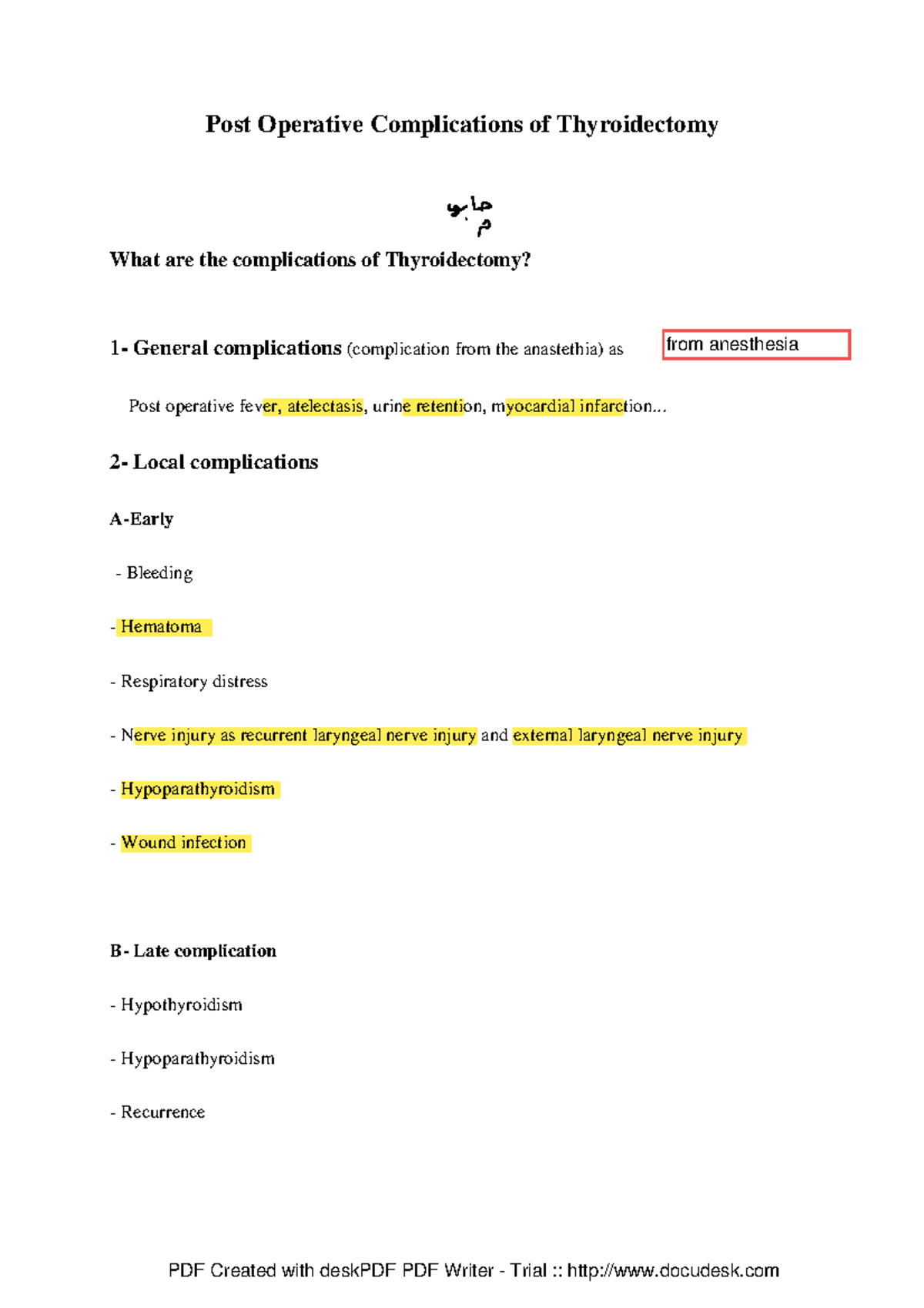 32351 Thyroid: Post Operative Complications of Thyroidectomy - Studocu