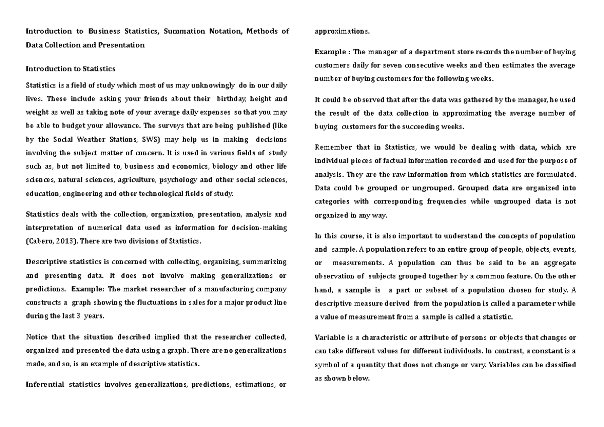 Module 1 - Intro to Statistics: Data Presentation & Analysis Techniques - Studocu