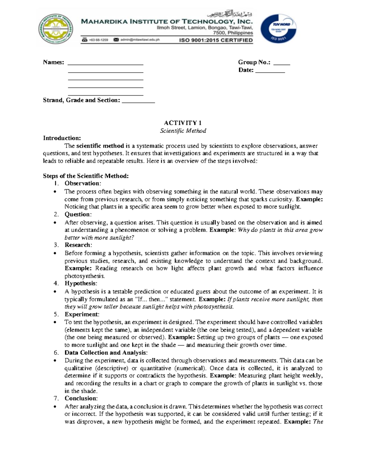 Activity 1 Scientific Method Names Group No