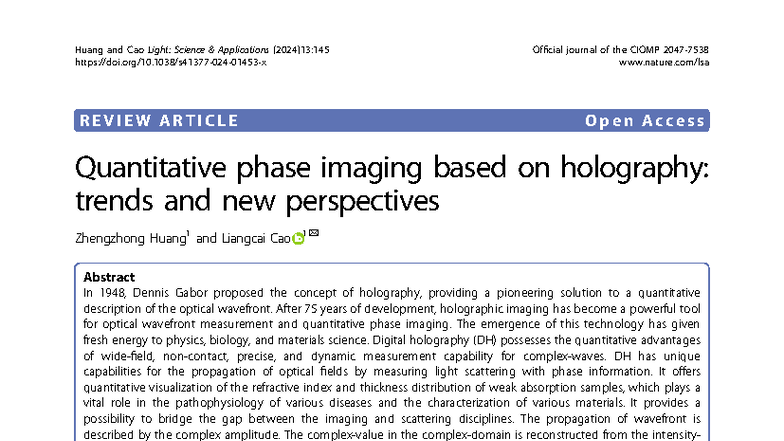 Quantitative Phase Imaging via Holography: Trends & Perspectives ...
