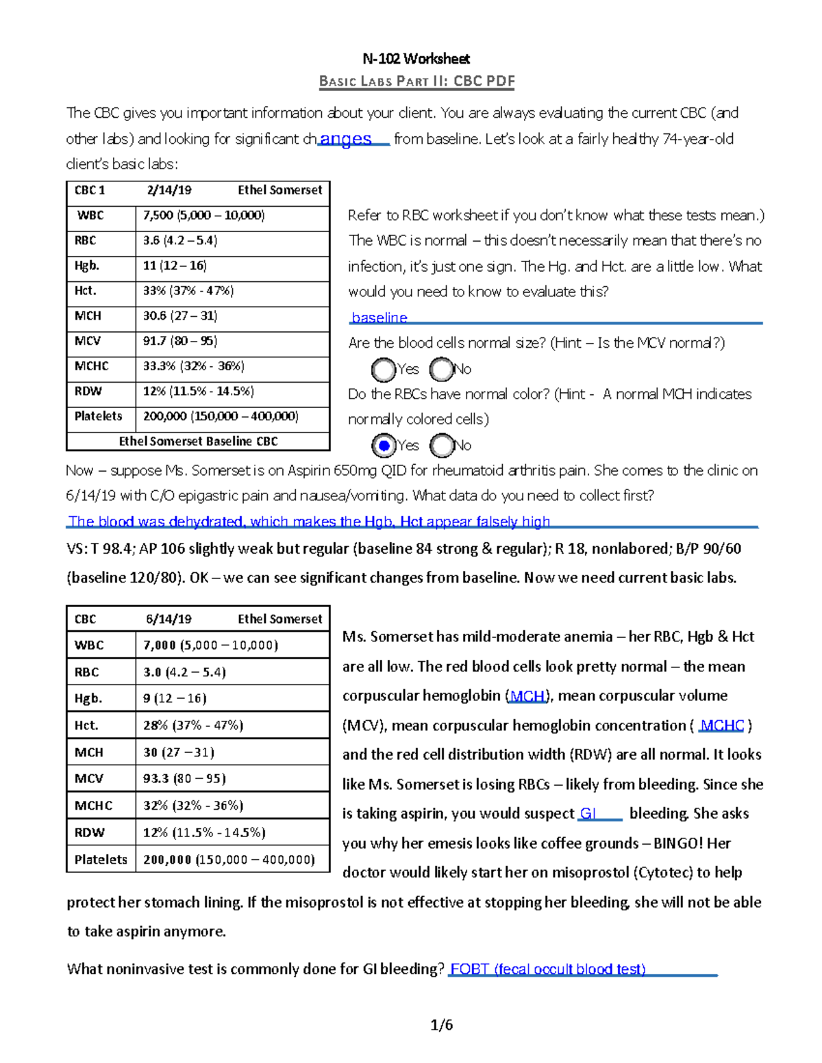 Interpreting Basic Labs (Part II) CBC August, 2022 - N-102 Worksheet ...