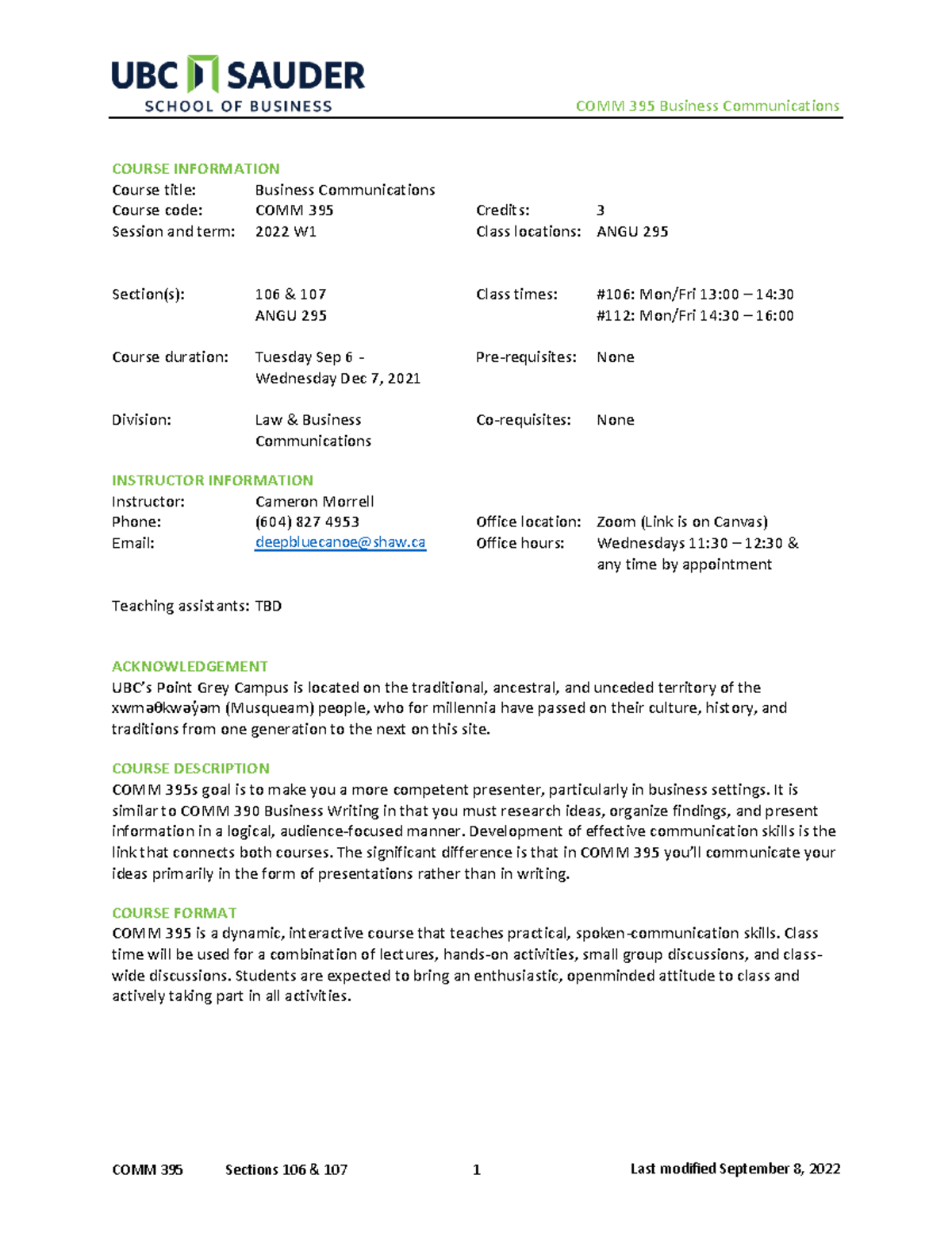 COMM 395 Business Communications Course Syllabus - W1 2022 - Studocu