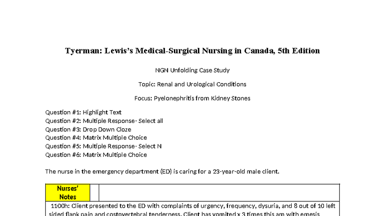 NGN Unfolding Case Study: Pyelonephritis & Renal Conditions - Studocu