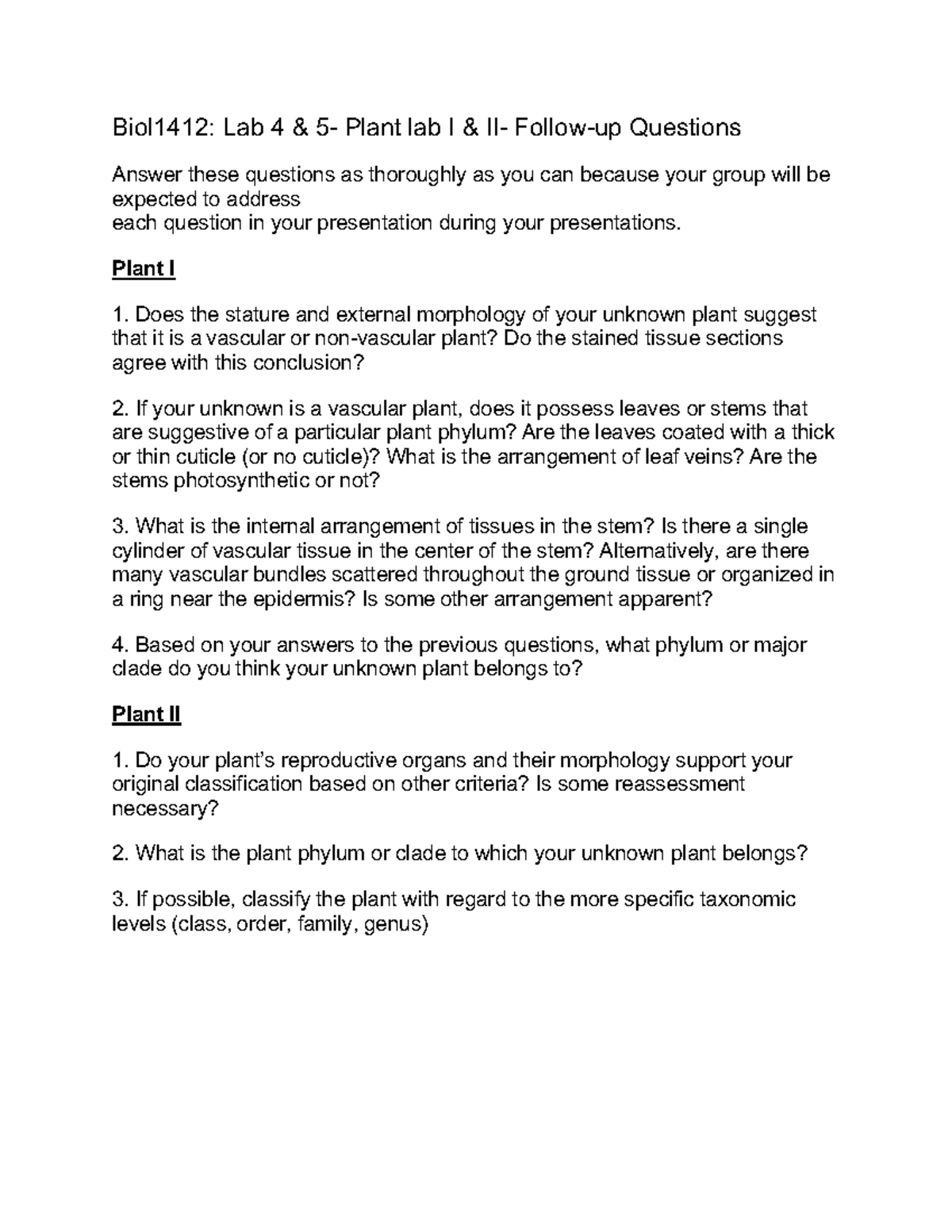 Biol1412: Lab 4 & 5 - Follow-Up Questions for Plant Labs I & II - Studocu