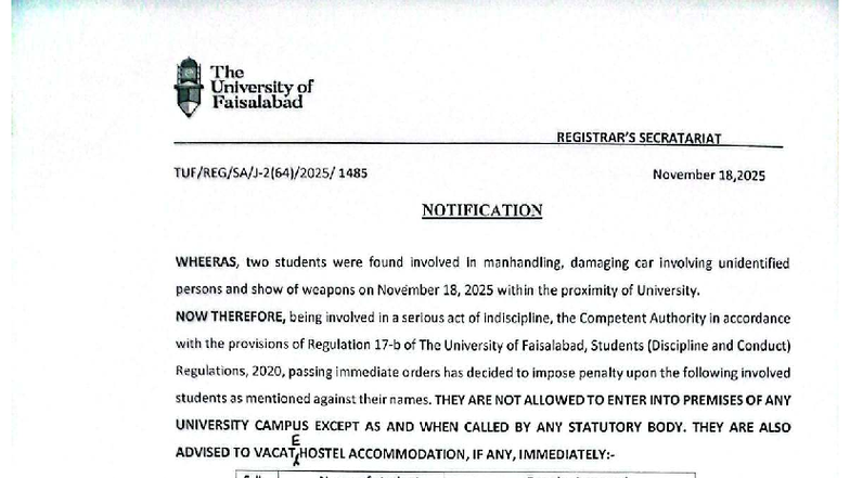 Notification of Student Expulsion - The University of Faisalabad - Studocu