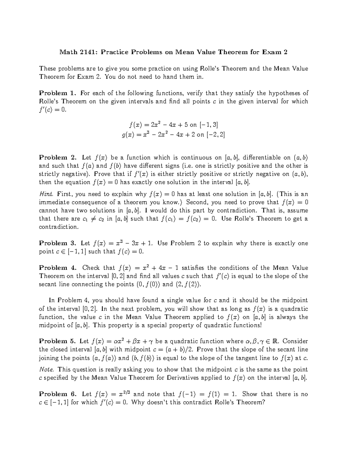 Math 2141: Practice Problems on Mean Value Theorem for Exam 2 - Studocu