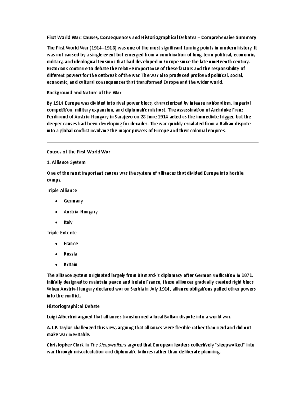 WWI: Causes, Consequences & Historiographical Debates (HIST 101) - Studocu