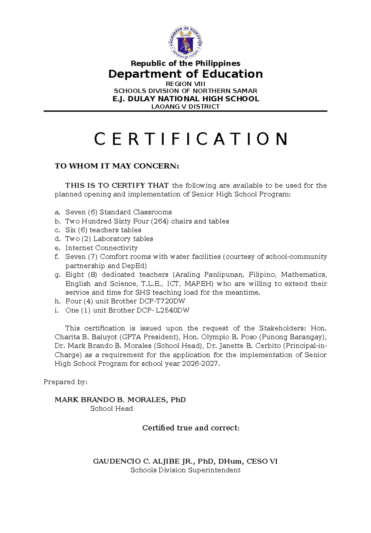 Certification for Senior High School Program Implementation - E.J ...