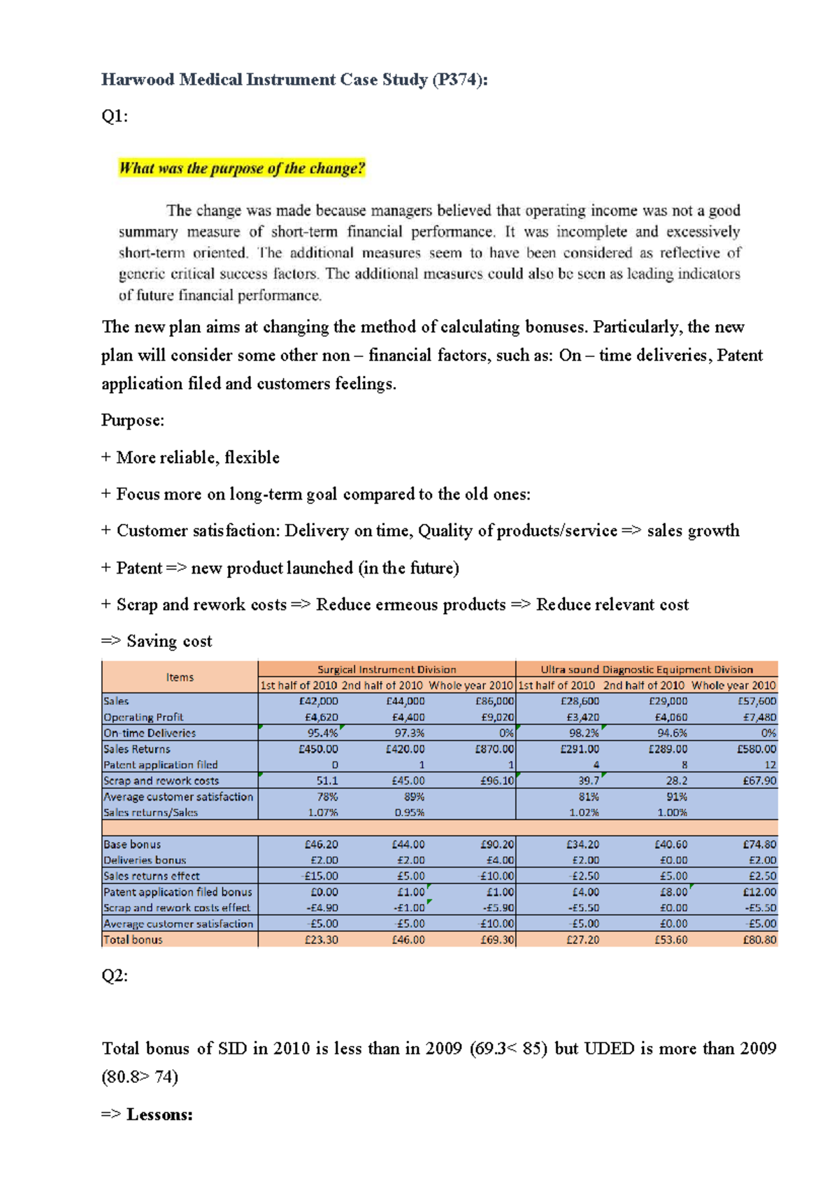 Harwood Medical Instrument Case Study (P374): Bonus Calculation Changes ...
