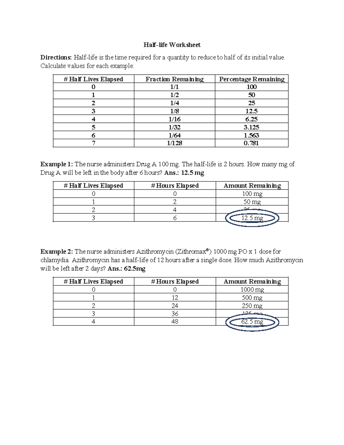 Worksheet - Half Lives Calculations for Drug Dosage - Studocu