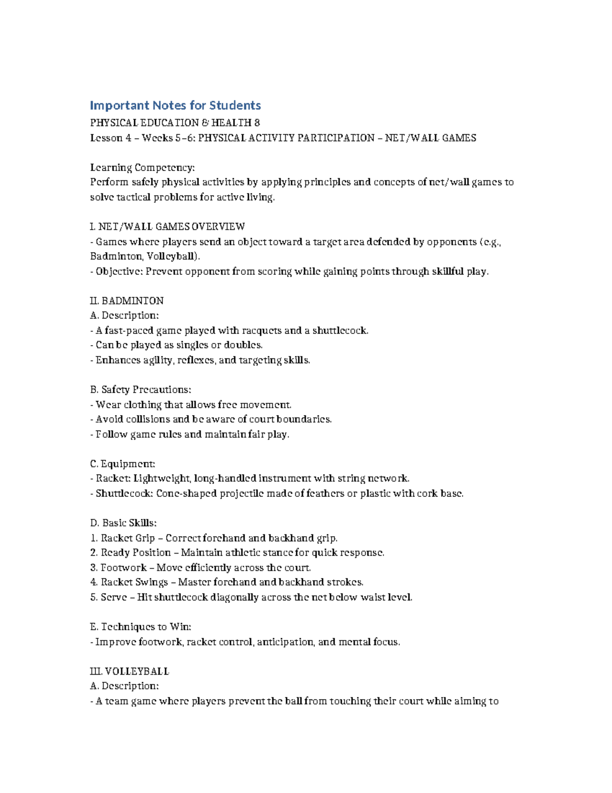Important Notes for PEH8 Lesson 4: Net Wall Games Overview - Studocu
