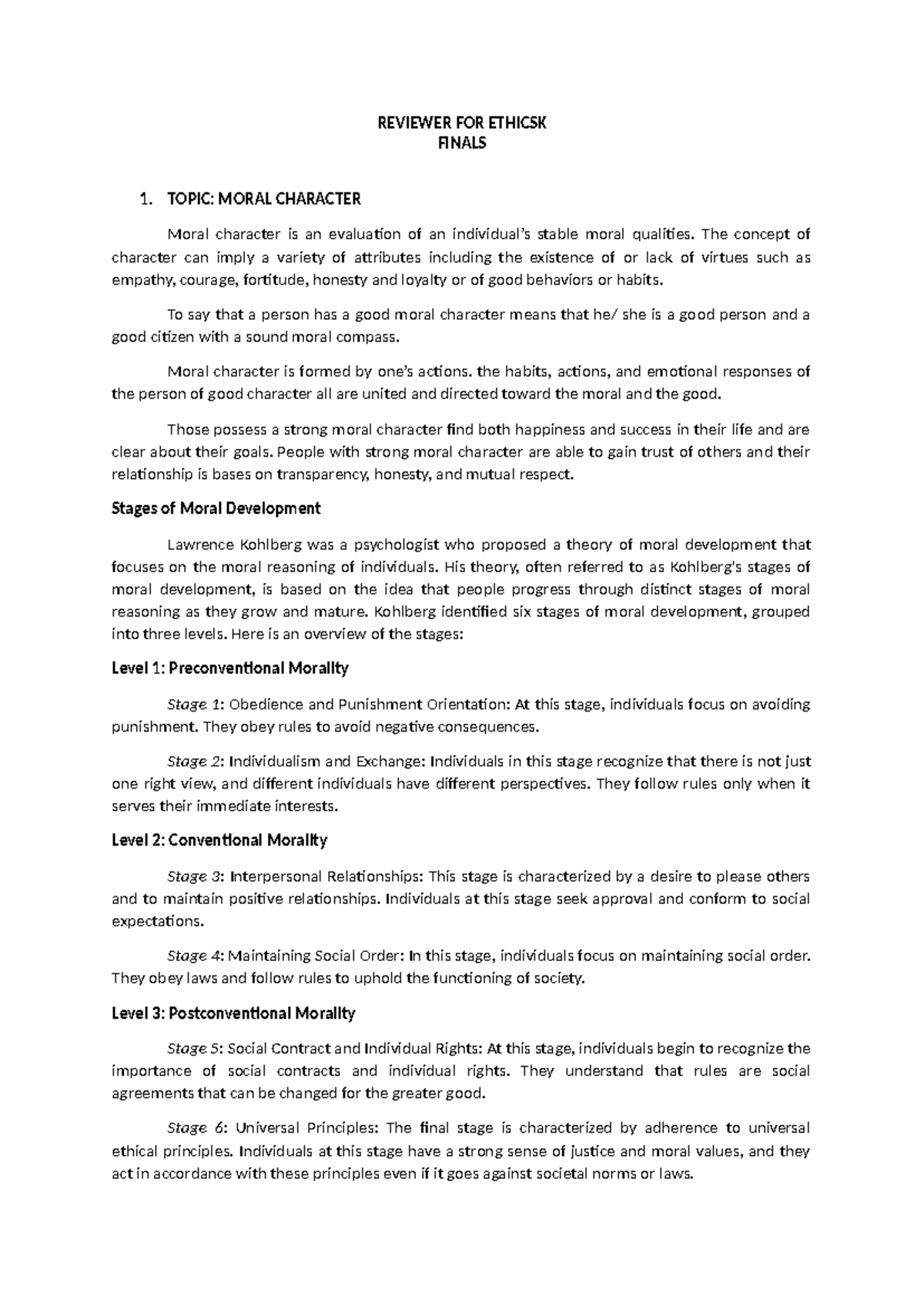 Ethics 101: Final Exam Reviewer on Moral Character & Theories - Studocu