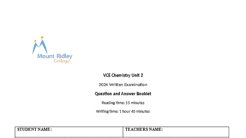 2025 Trial Unit 1 and 2 Exam Answers - VCE Chemistry Unit 2 2024 ...