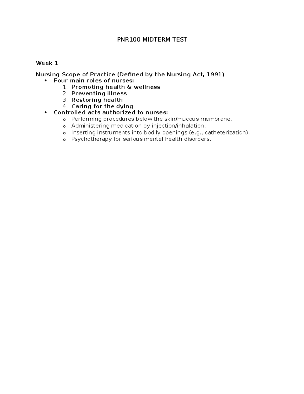 PNR100 Midterm TEST 2 - Summary - PNR100 MIDTERM TEST Week 1 Nursing ...
