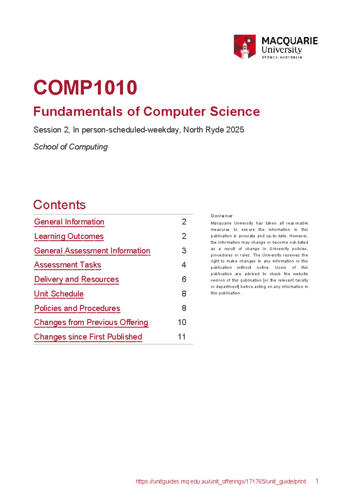 Unit Guide COMP1010: Fundamentals of Computer Science - Session 2, 2025 ...