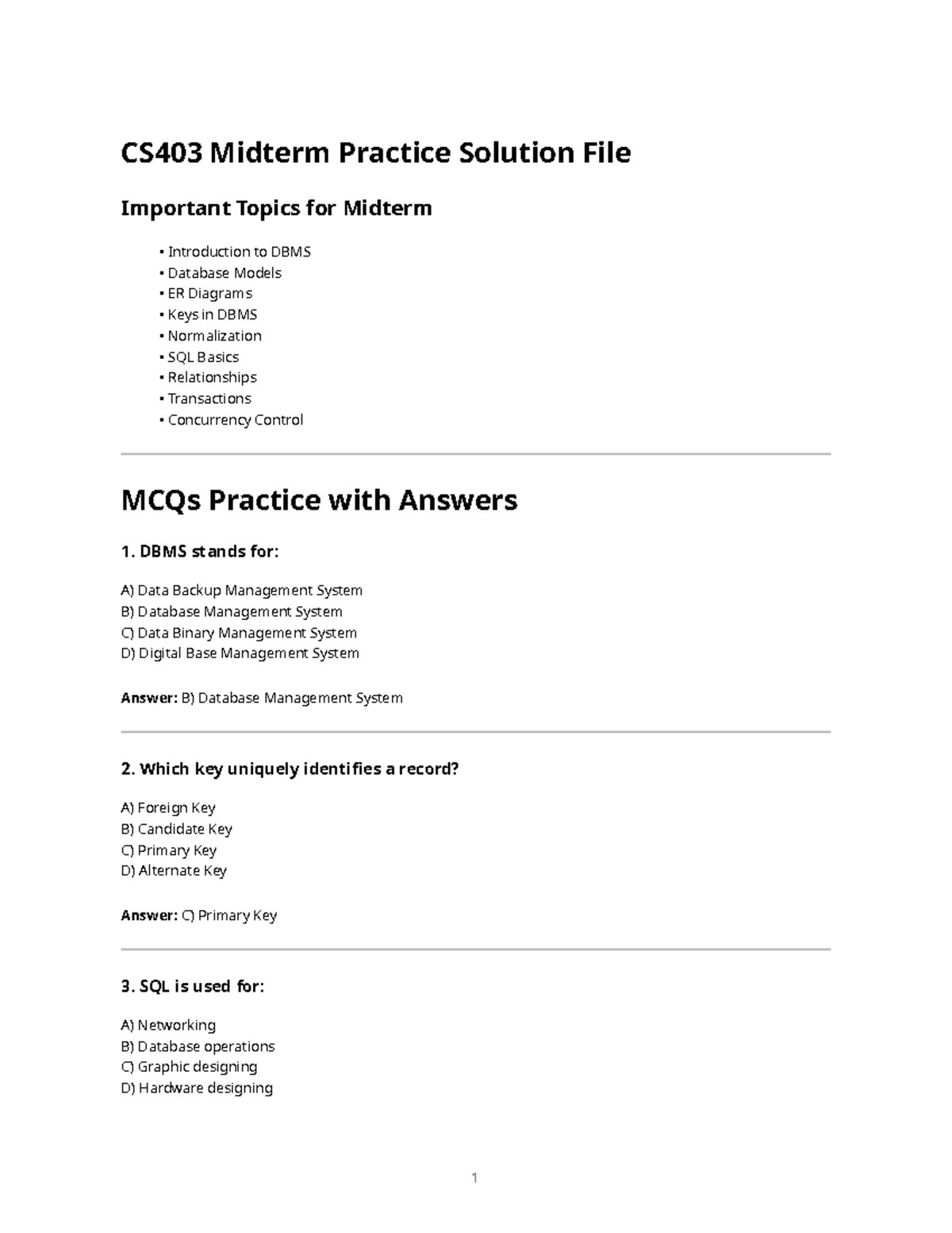 CS403 Midterm Practice Solutions: Key Topics & MCQs for DBMS - Studocu