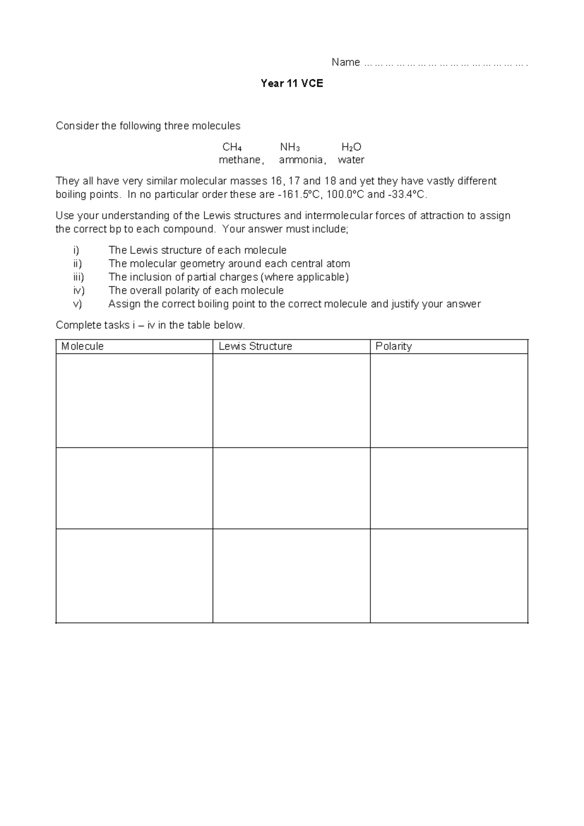 25 VCE Year 11 IMF Boiling Point Worksheet: Molecules & Properties ...