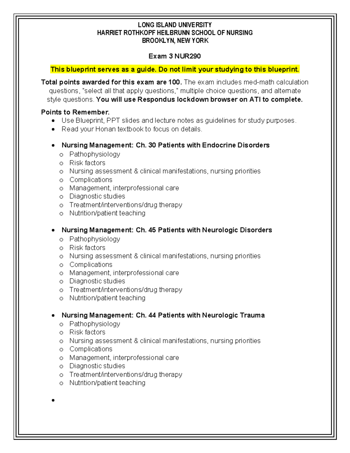 NUR290 Exam 3 Study Blueprint: Key Topics & Guidelines - Studocu