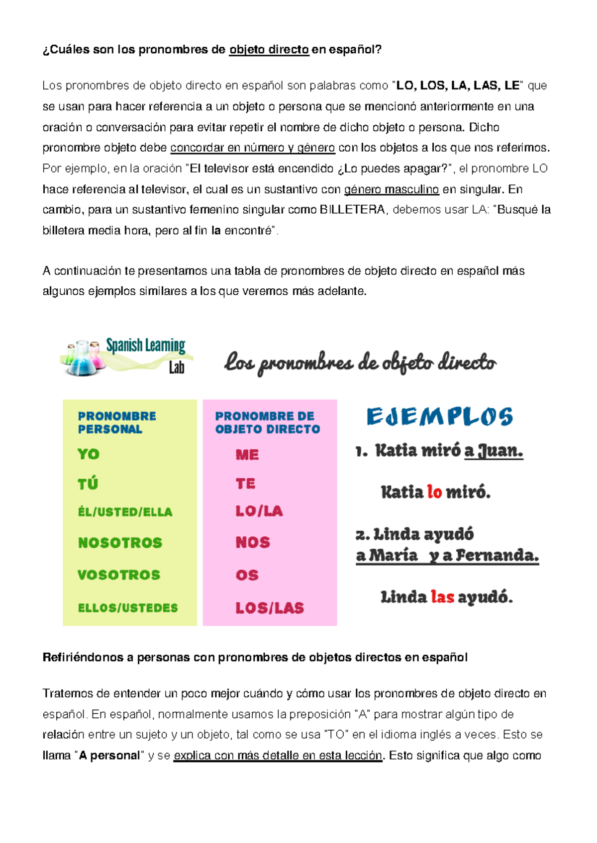 Pronombres de Objeto Directo e Indirecto en Español - Lección - Studocu