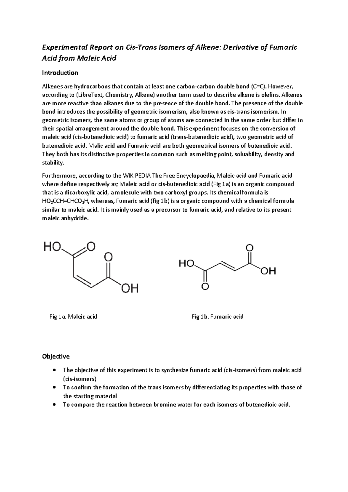 Experimental Report: Isomerization of Maleic Acid to Fumaric Acid - Studocu