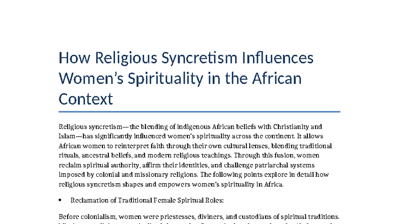 Religious Syncretism and Women's Spiritual Empowerment in Africa - Studocu