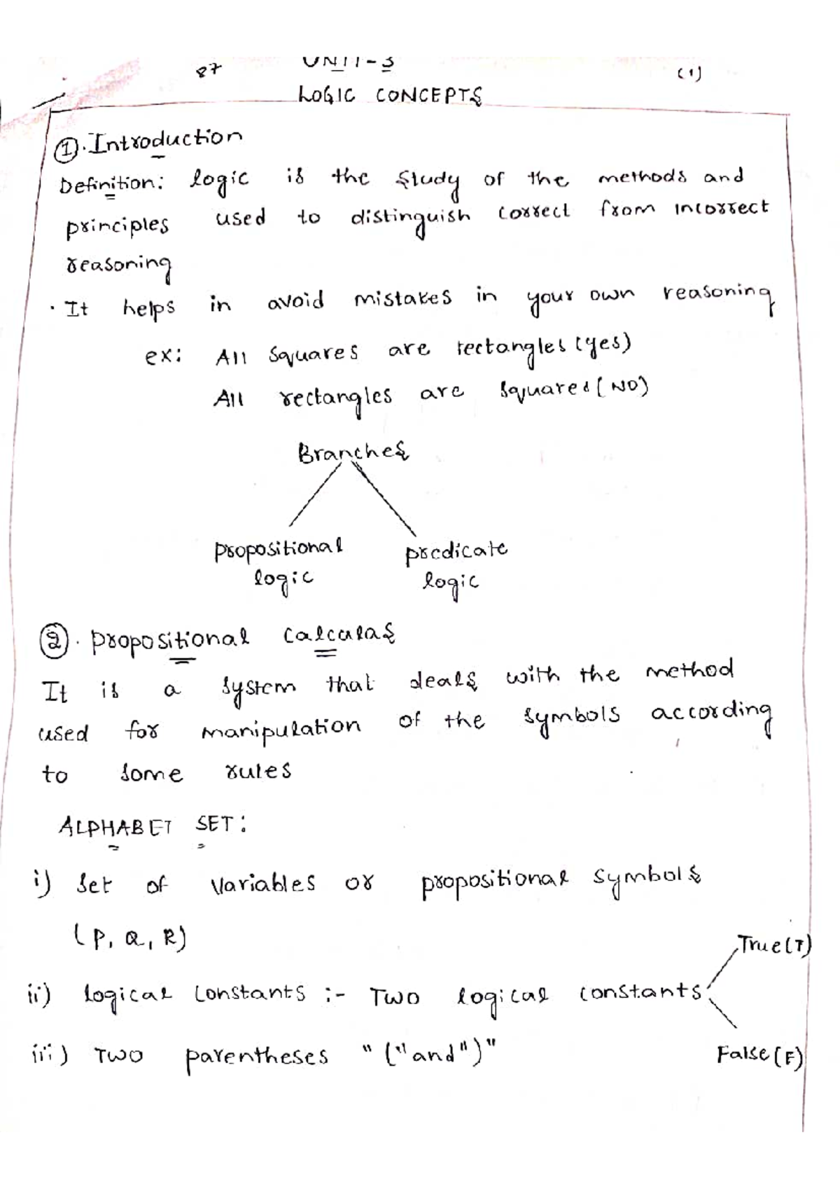 AI UNIT-3: Logic Concepts and Propositional Calculus Explained - Studocu