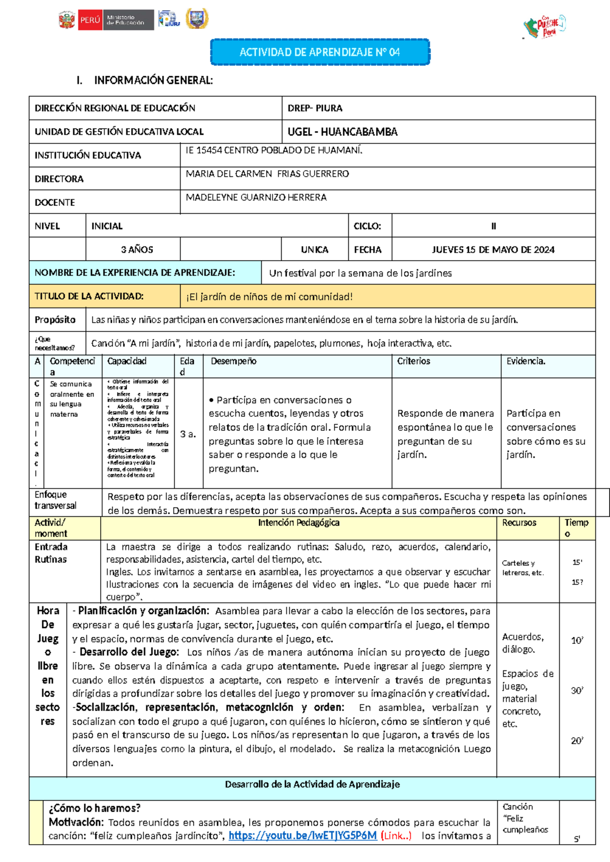 Actividad de Aprendizaje: El Jardín de Mi Comunidad - Nivel Inicial ...