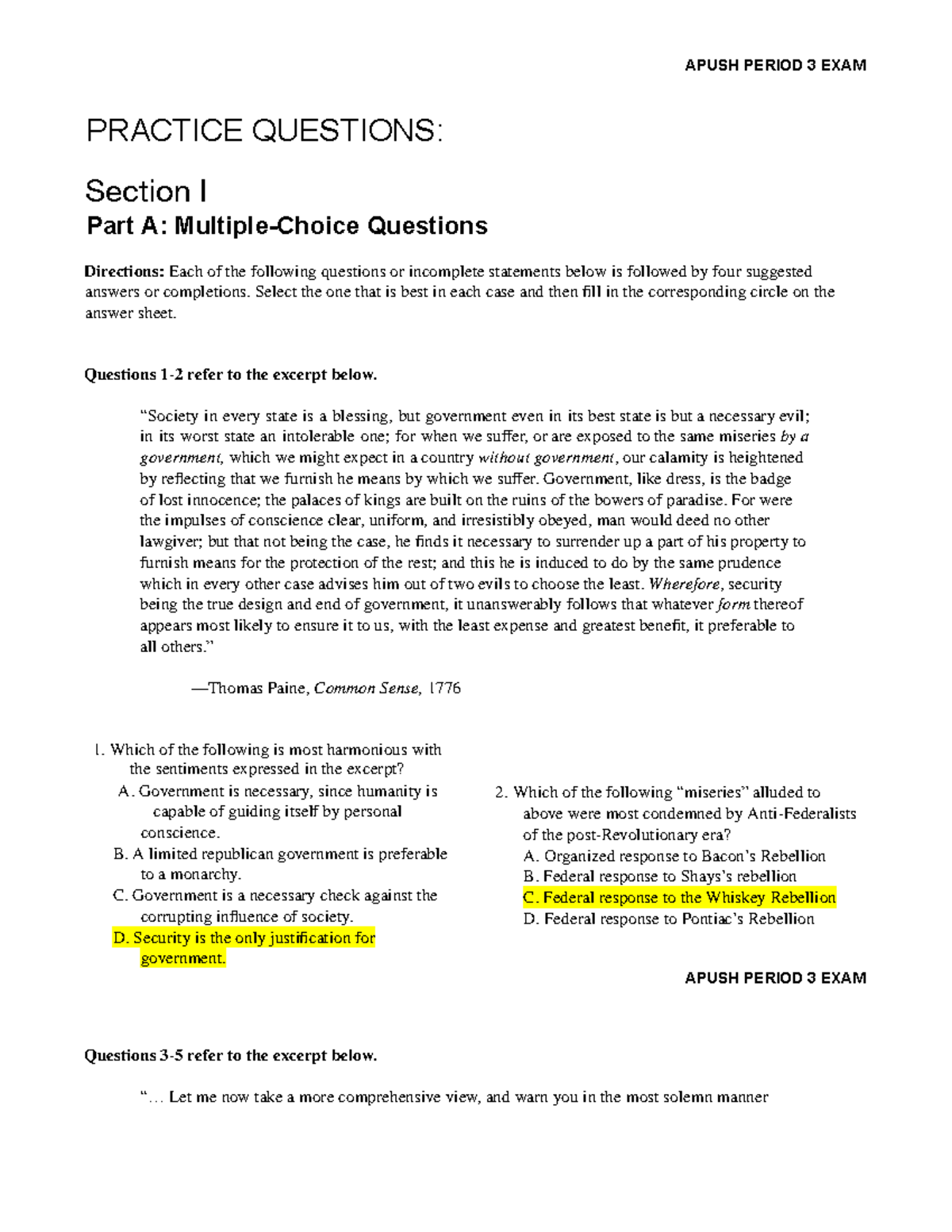 APUSH Period 3 Exam: Practice Questions and Answers - Studocu