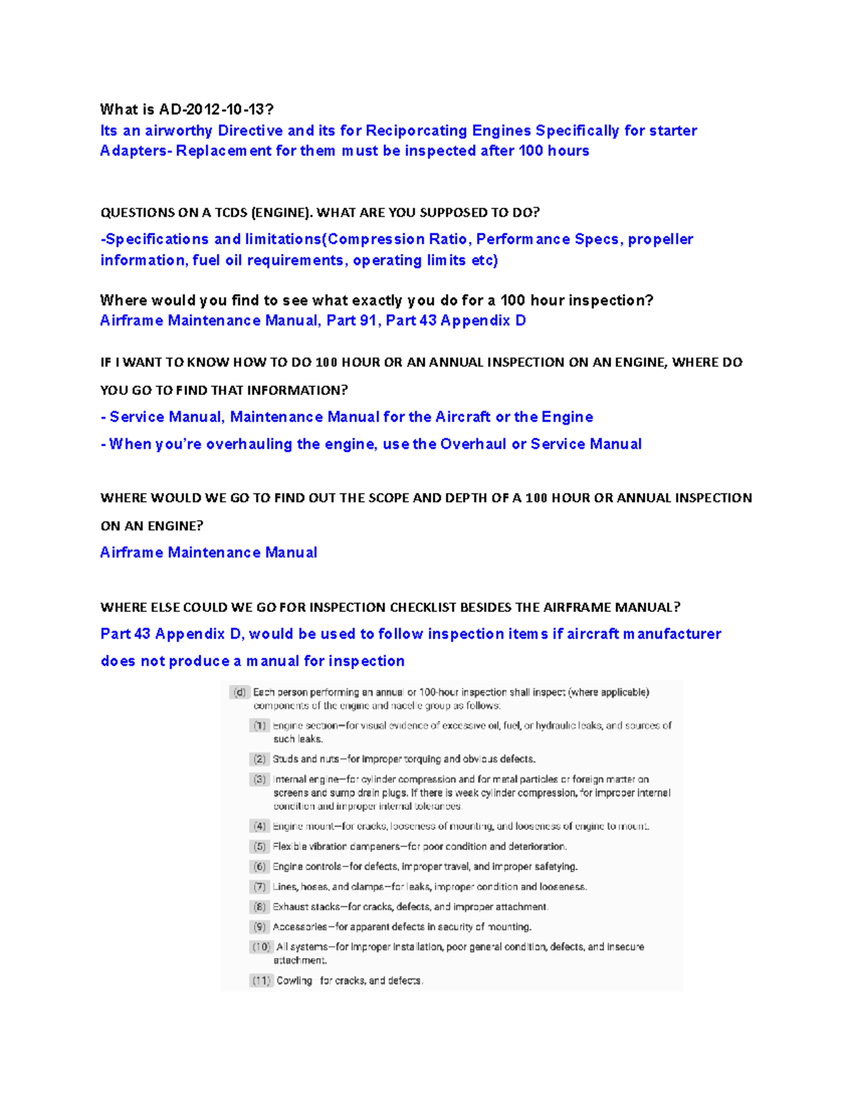 Midterm Study Guide: 100-Hour Inspection & Engine Maintenance (AERO 101 ...