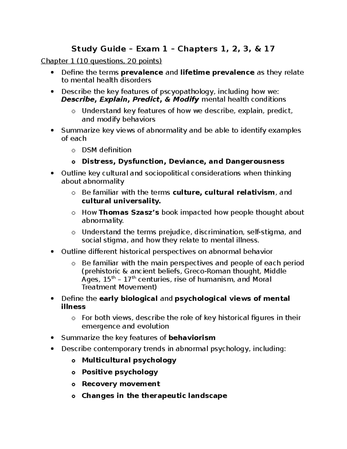 Study Guide for Exam 1: Abnormal Psychology Chapters 1, 2, 3 & 17 - Studocu