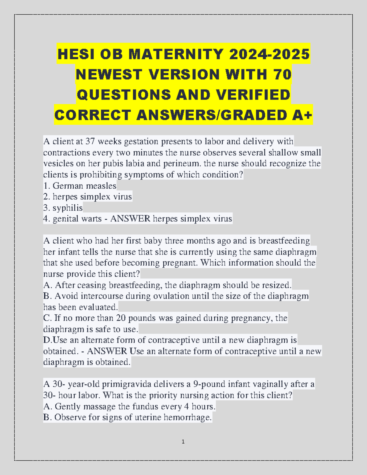HESI OB Maternity 2024-2025 Exam Prep: Questions & Answers Guide - Studocu
