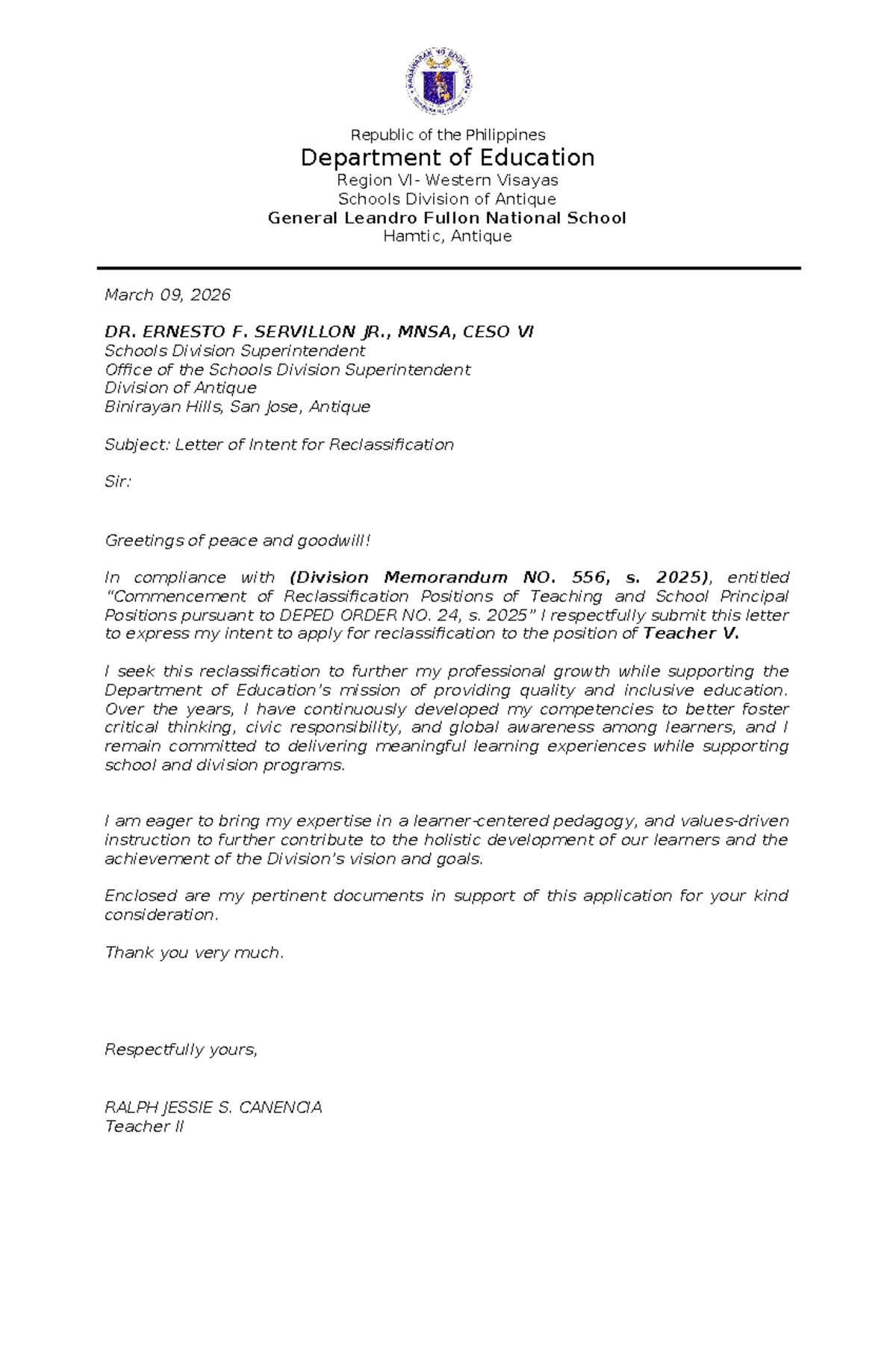 Letter of Intent for Reclassification - Teacher V Application - Studocu