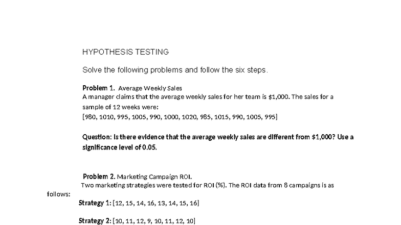 HYPOTHESIS TESTING: T-Test Activity Problems and Solutions - Studocu