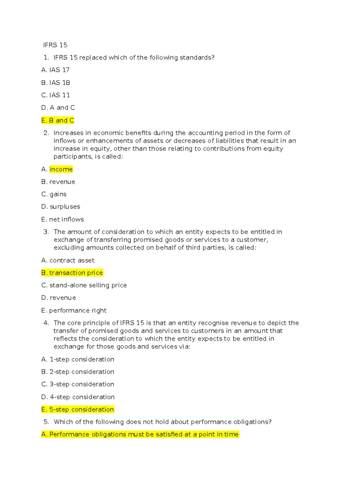 IFRS 15 - 20 Multiple Choice Questions on Revenue Recognition - Studocu
