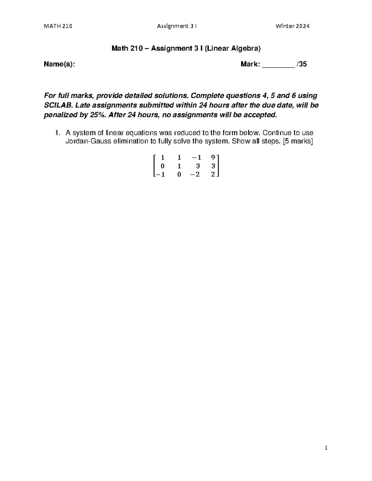 Math 210 - Assignment 3 I: Linear Algebra Solutions (Winter 2024) - Studocu